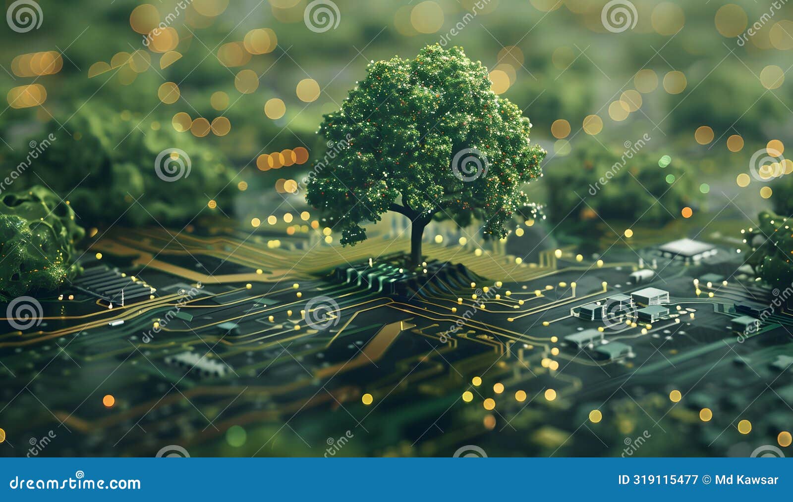 Tree Growing on Circuit Board with Tech Elements in 3D Rendering - AI ...