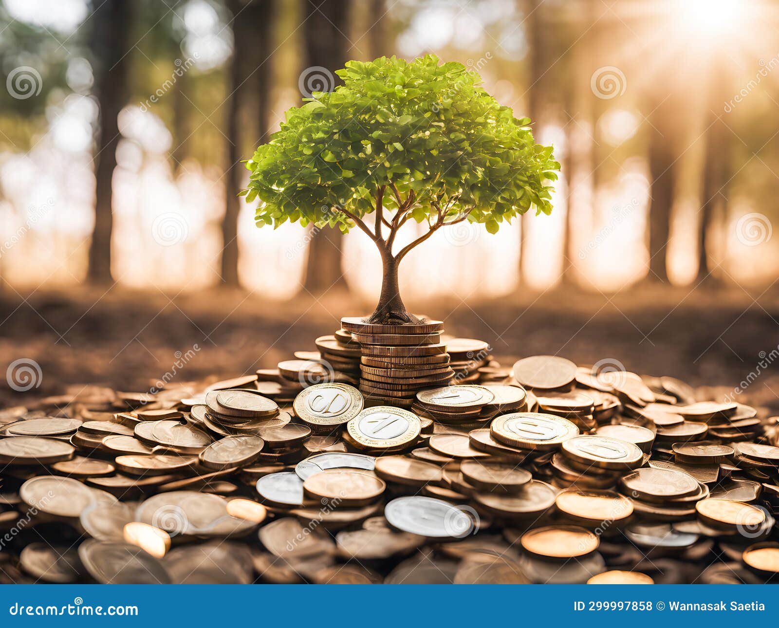 Tree Growing on Coins Stack with Sunlight Background, Stock ...