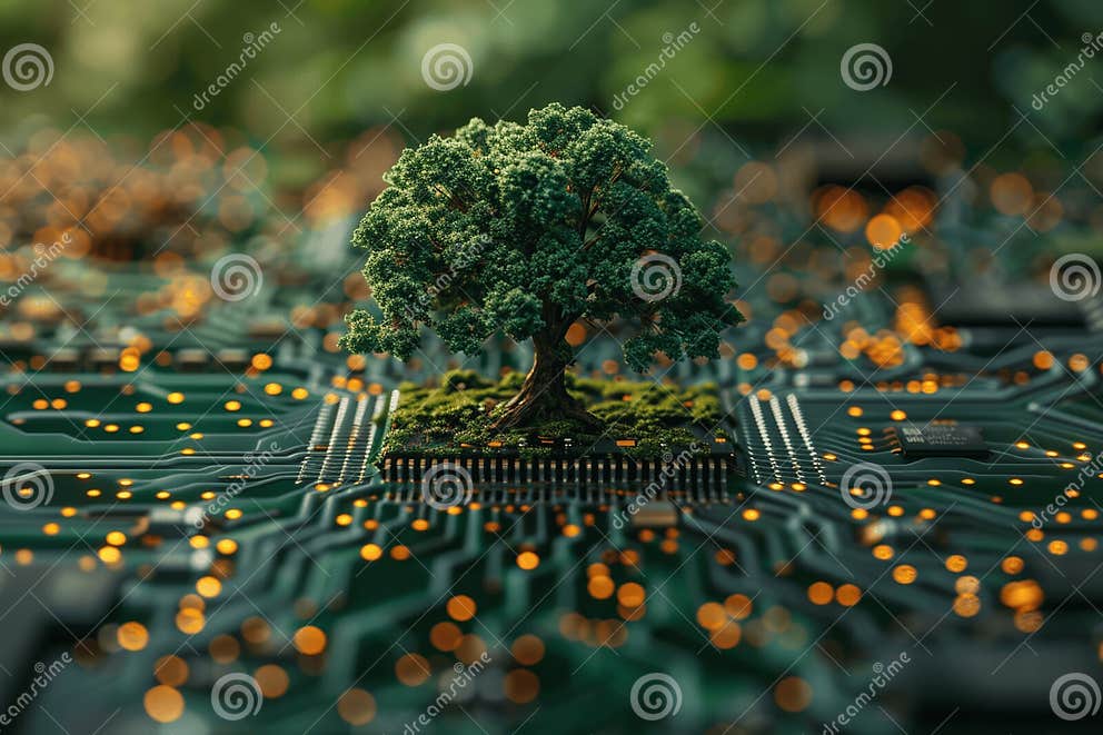 Tree Growing on Computer Chip Symbolizing Green Technology and ...