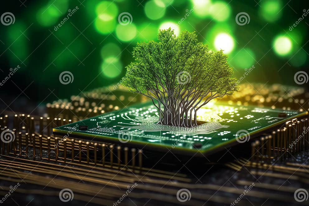 Tree Growing on the Converging Point of Computer Circuit Board. Green ...