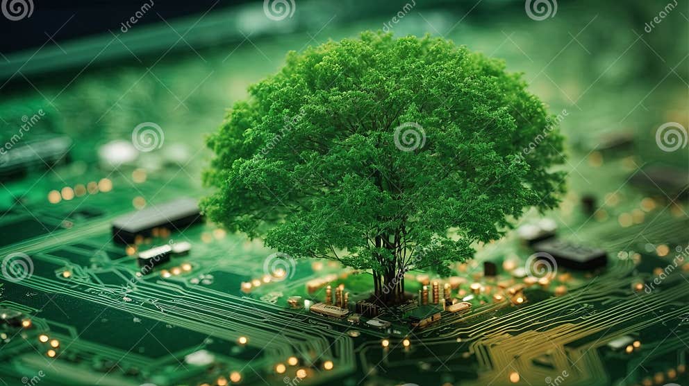 Tree Growing on the Converging Point of Computer Circuit Board. Green ...