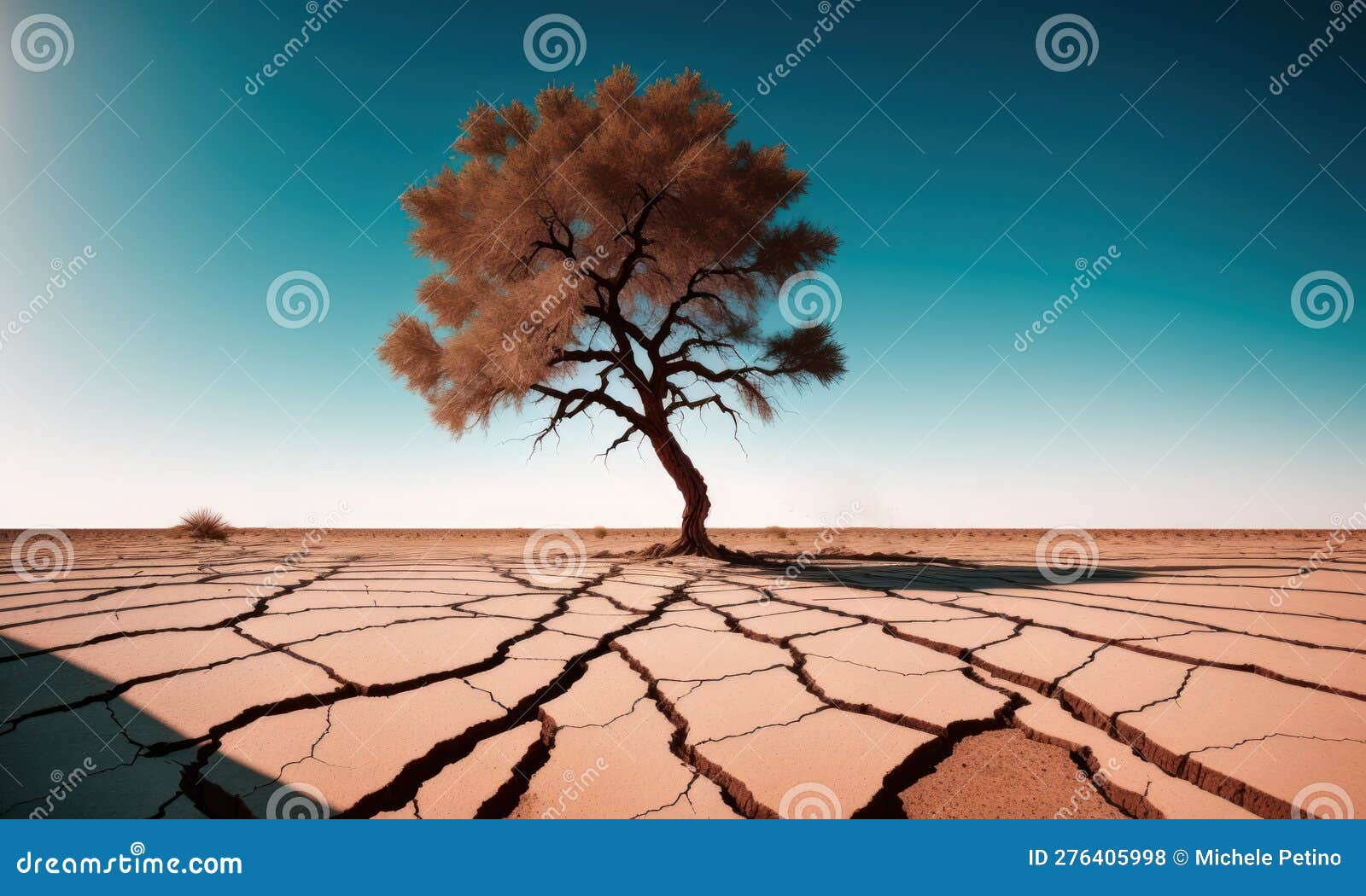 A Tree Growing in the Desert, Soil Split by Drought Stock Illustration ...
