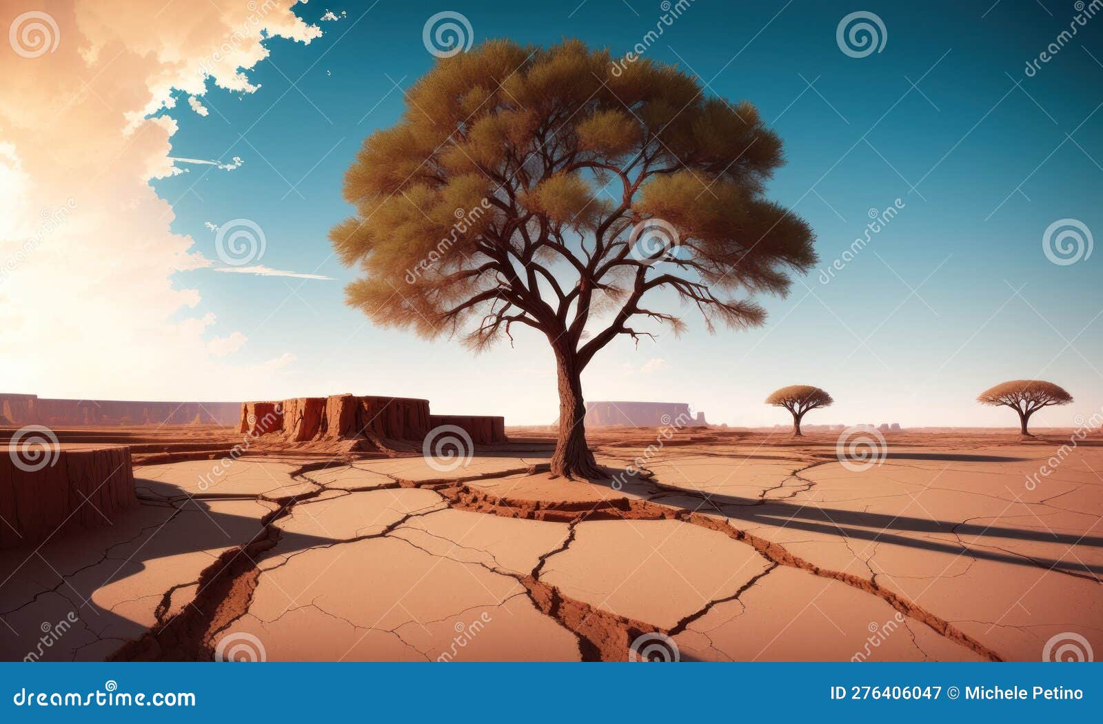 A Tree Growing in the Desert, Soil Split by Drought Stock Illustration ...