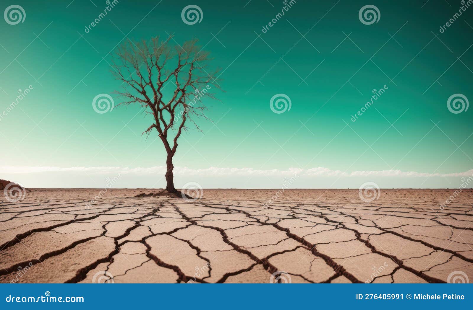 A Tree Growing in the Desert, Soil Split by Drought Stock Illustration ...