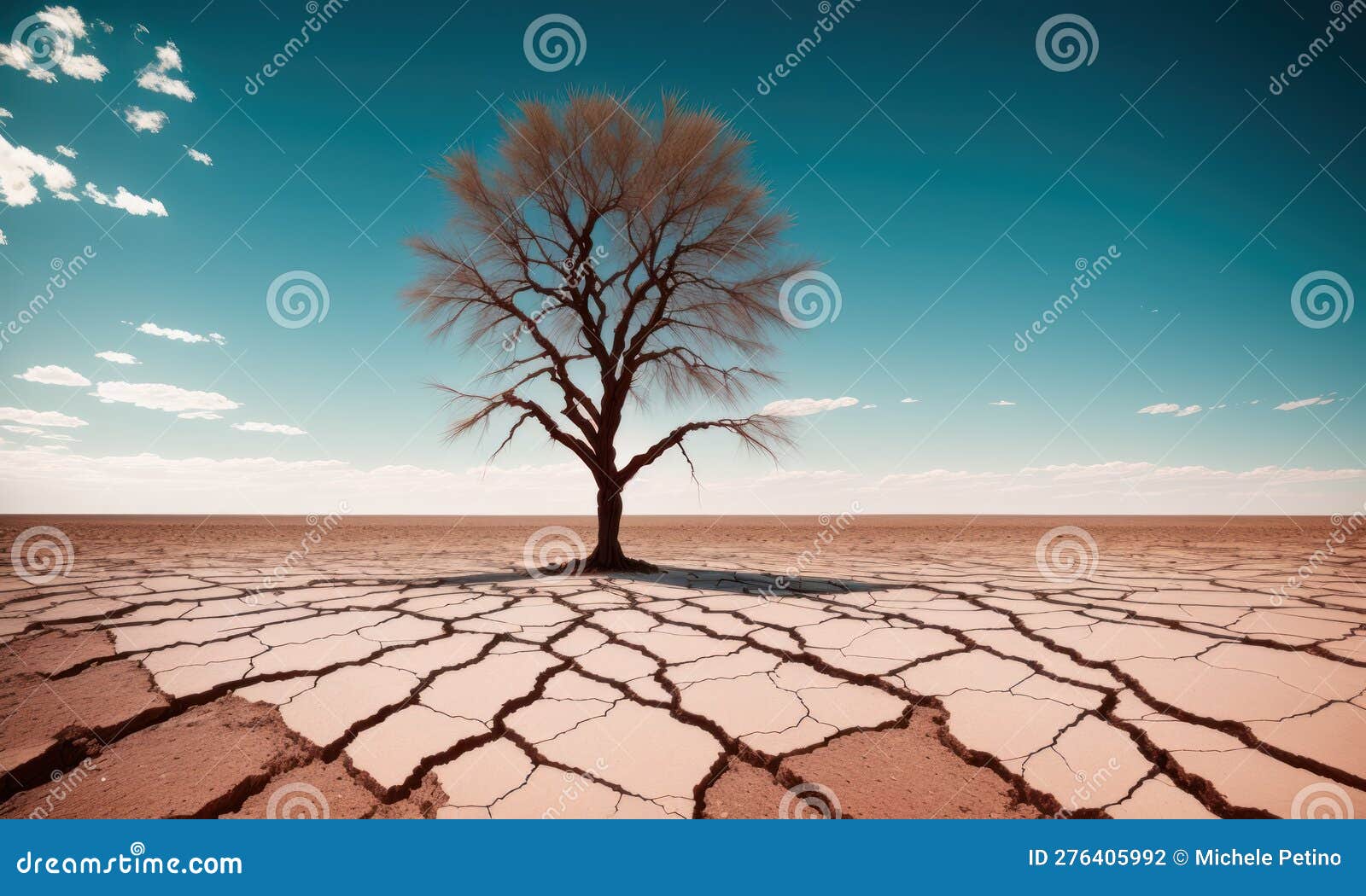 A Tree Growing in the Desert, Soil Split by Drought Stock Illustration ...
