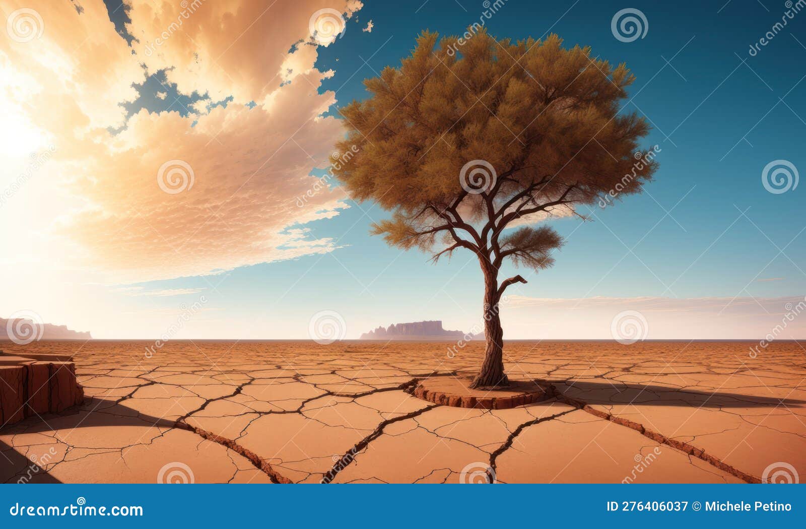 A Tree Growing in the Desert, Soil Split by Drought Stock Illustration ...