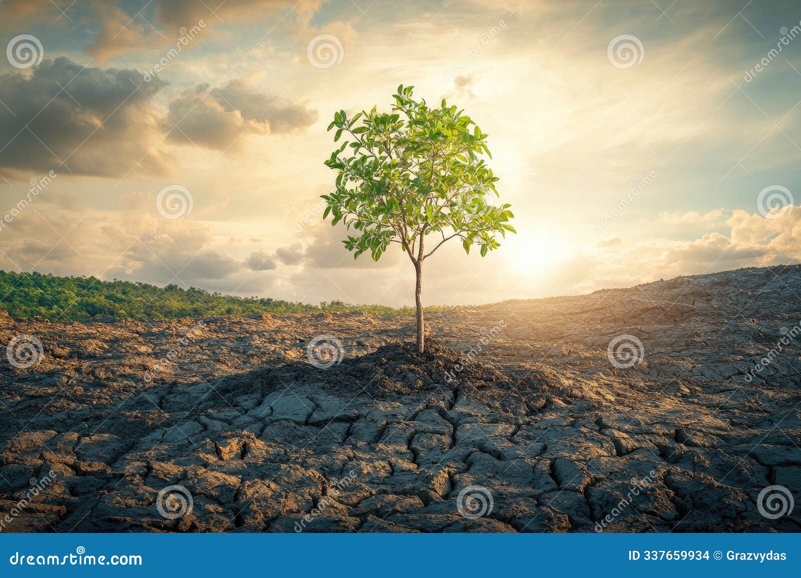 A Tree Growing in Desolate Landscape with Dry, Cracked Earth and Dead ...