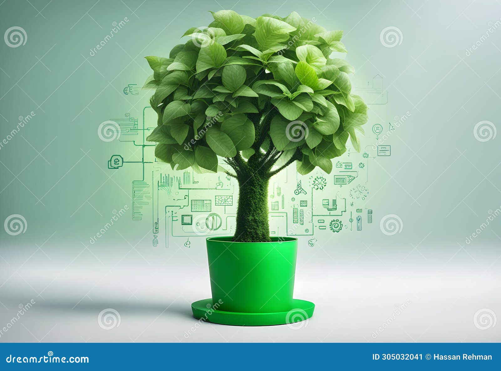 Tree Growing on Digital Plant Pot. Eco Technology Stock Illustration ...