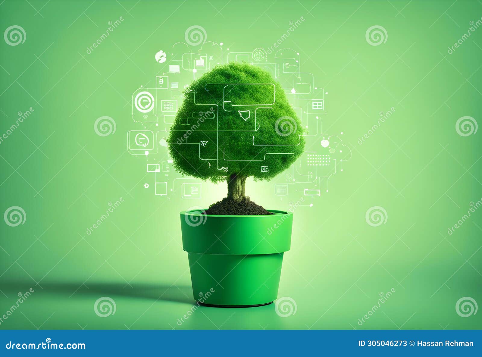 Tree Growing on Digital Plant Pot. Eco Technology Stock Illustration ...