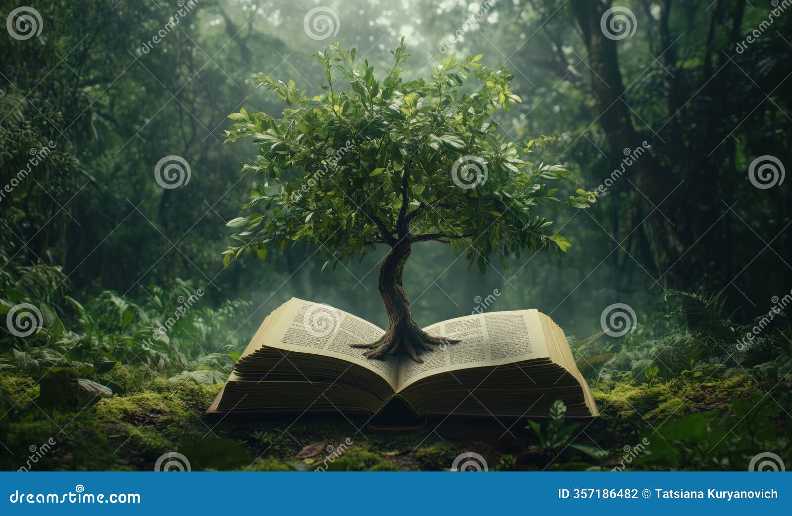 Tree Growing from Open Book in Lush Forest, Symbolizing Knowledge and ...