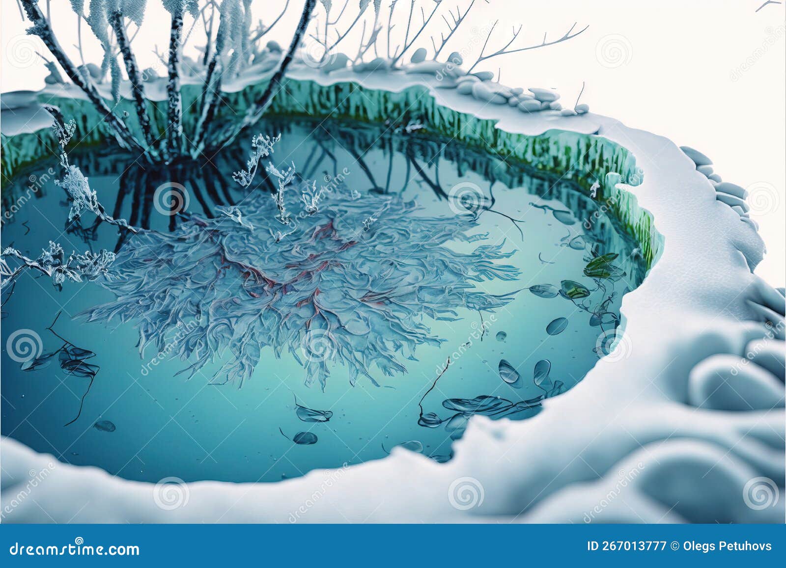 A Tree is Growing Out of a Pond in the Snow, with Water Droplets on the ...