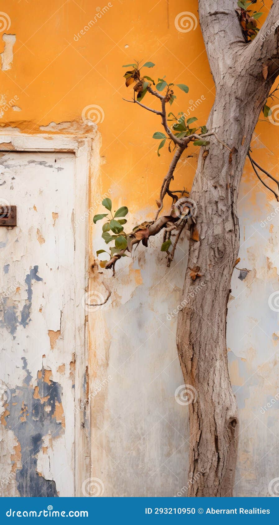 A Tree Growing Out of a Wall in Front of a Door Stock Illustration ...