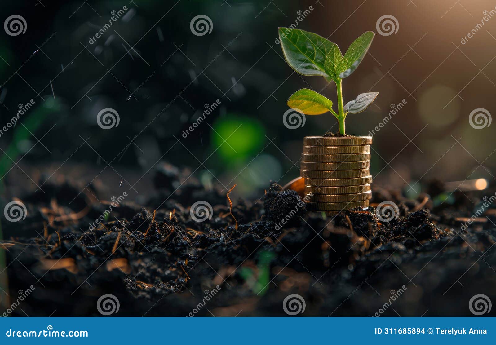 Tree Growing on Pile of Coins. a Stack of Coins Growing from the Ground ...