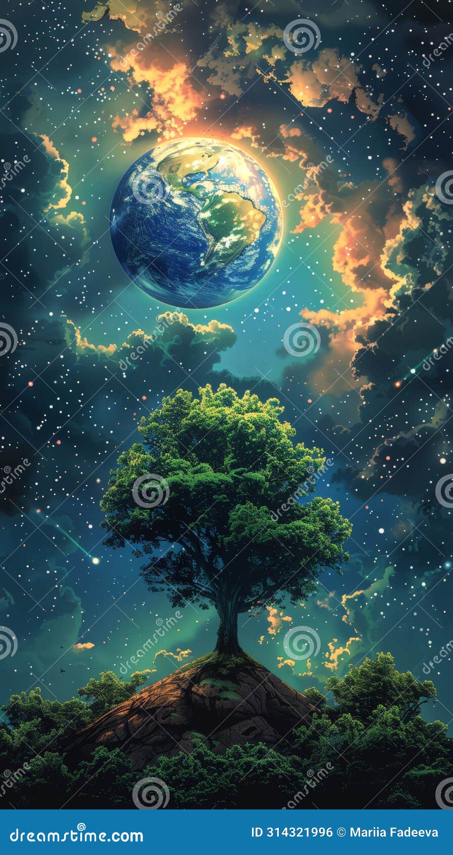 Tree Growing on a Planet Against a Starry Sky, Symbolizing Ecology and ...