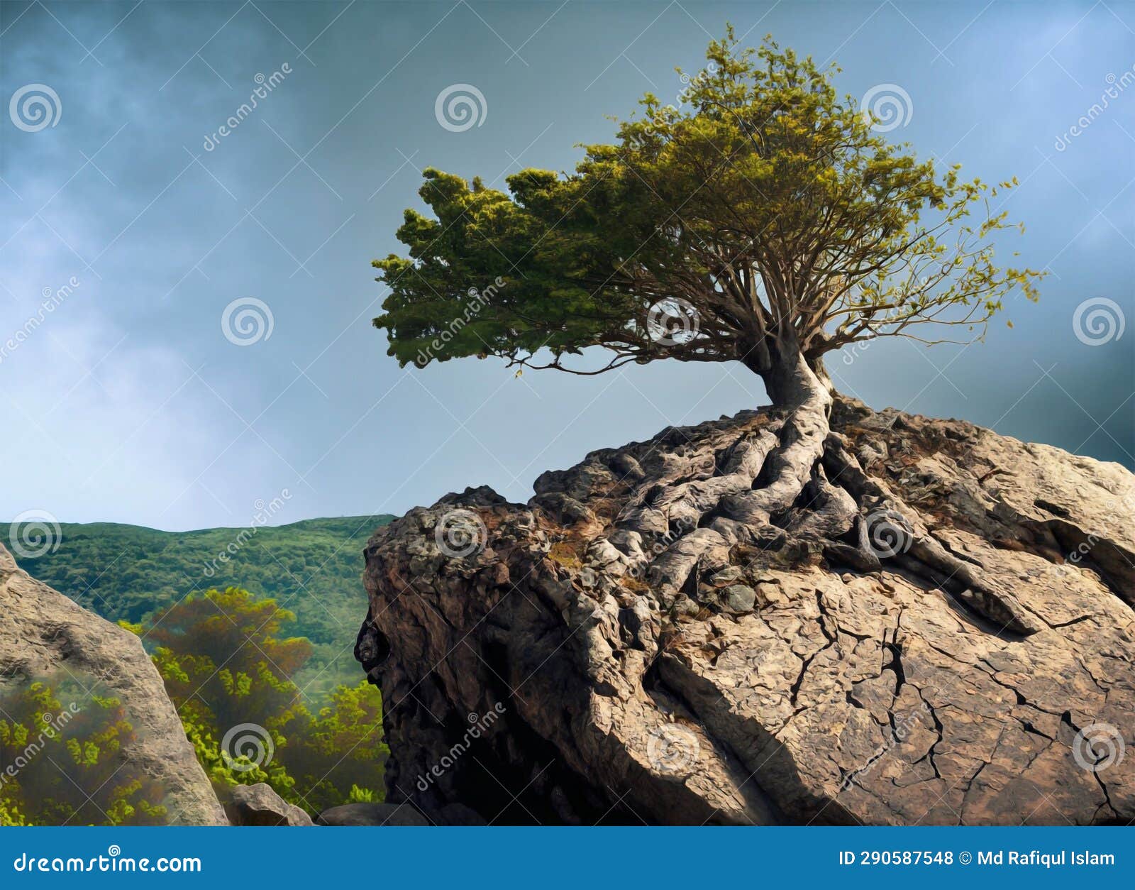 Tree Growing on a Rock in the Mountains. 3d Render Stock Illustration ...
