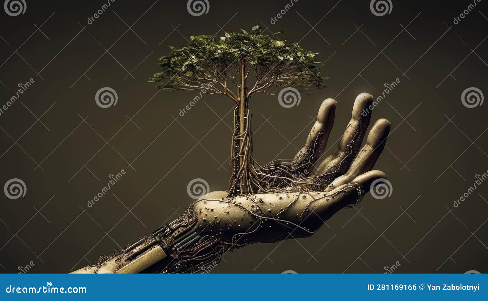 A Tree Grows from the Cyber Hand. Generative AI Stock Illustration ...