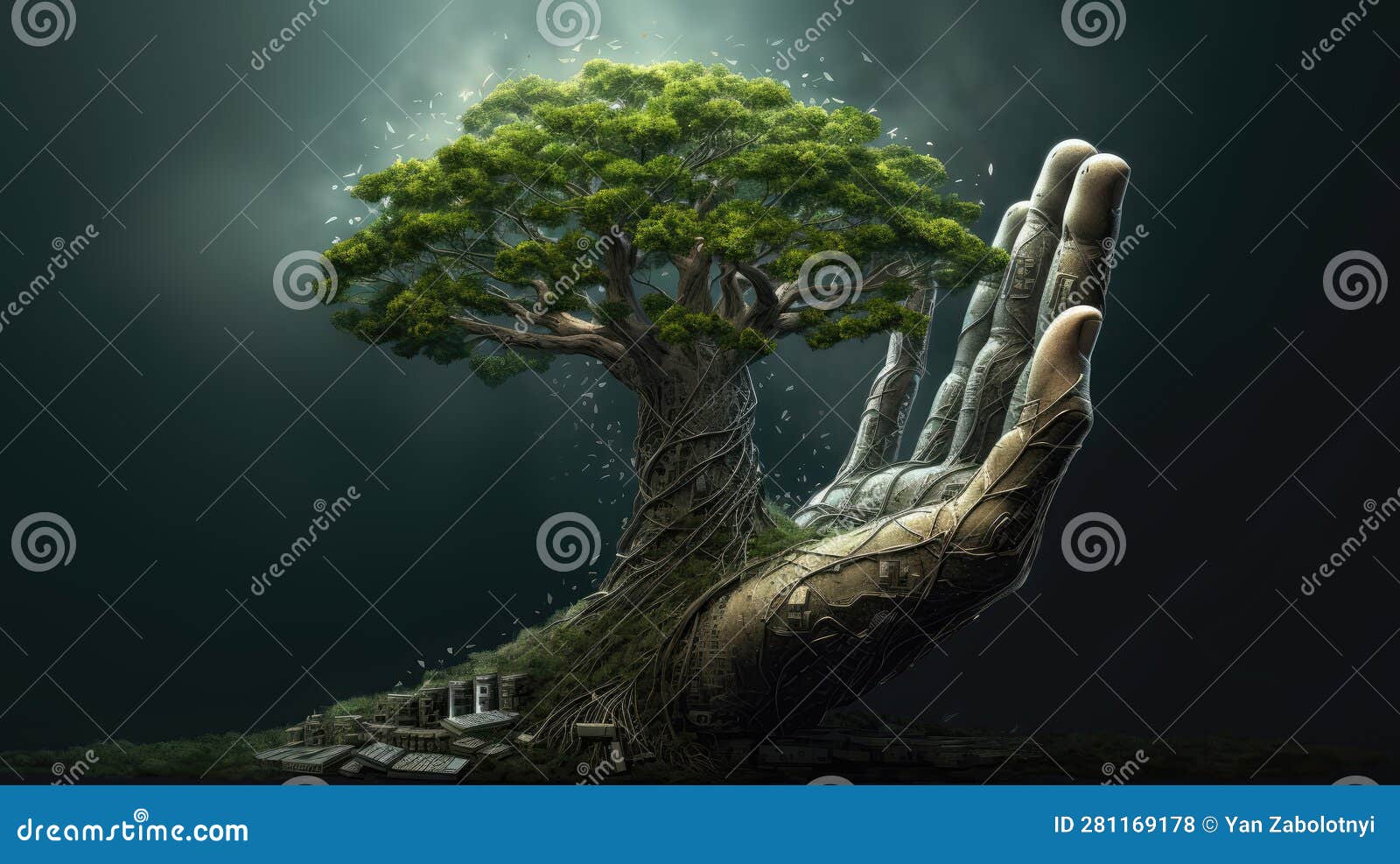 A Tree Grows from the Cyber Hand. Generative AI Stock Illustration ...