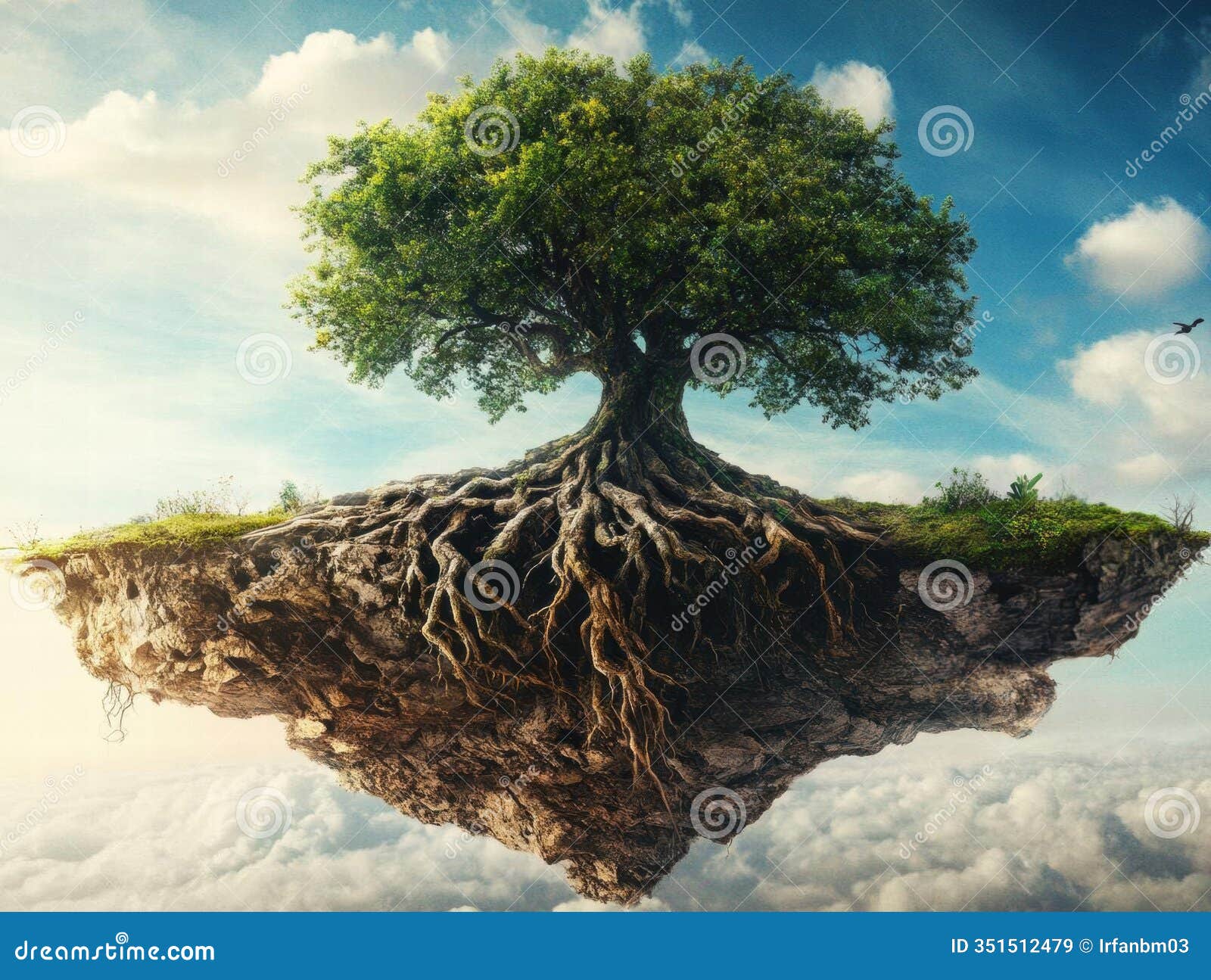 Tree Grows on Floating Island with Exposed Roots in the Sky, Surreal ...