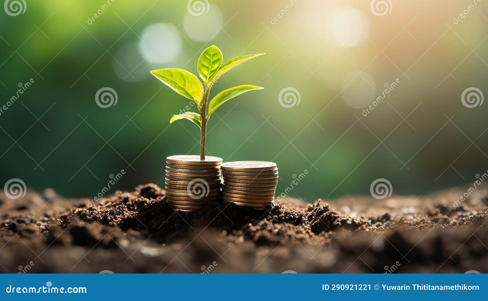 The Tree Grows on Stacked Coins on the Soil with Blur Nature Background ...