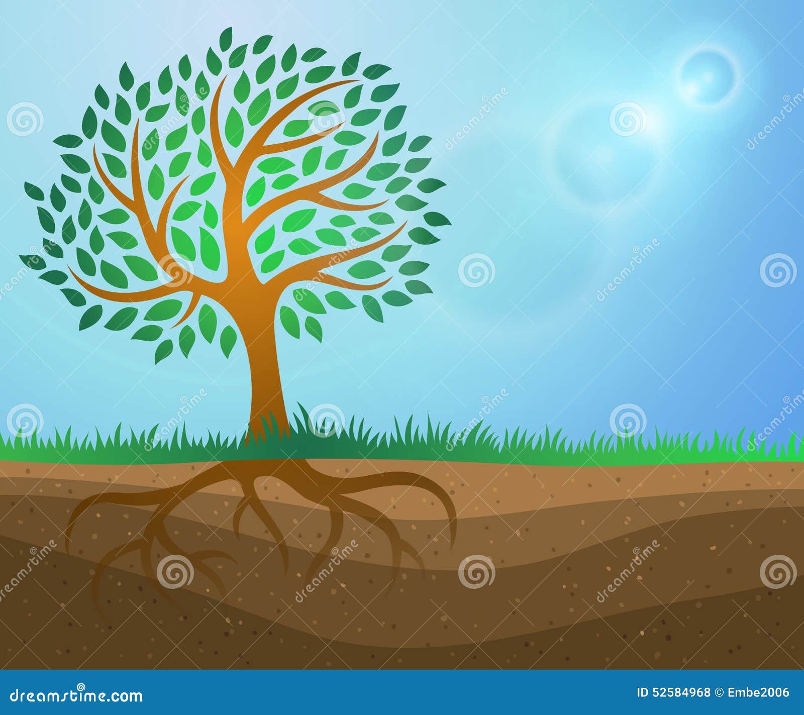 Cartoon Tree With Branches And Roots
