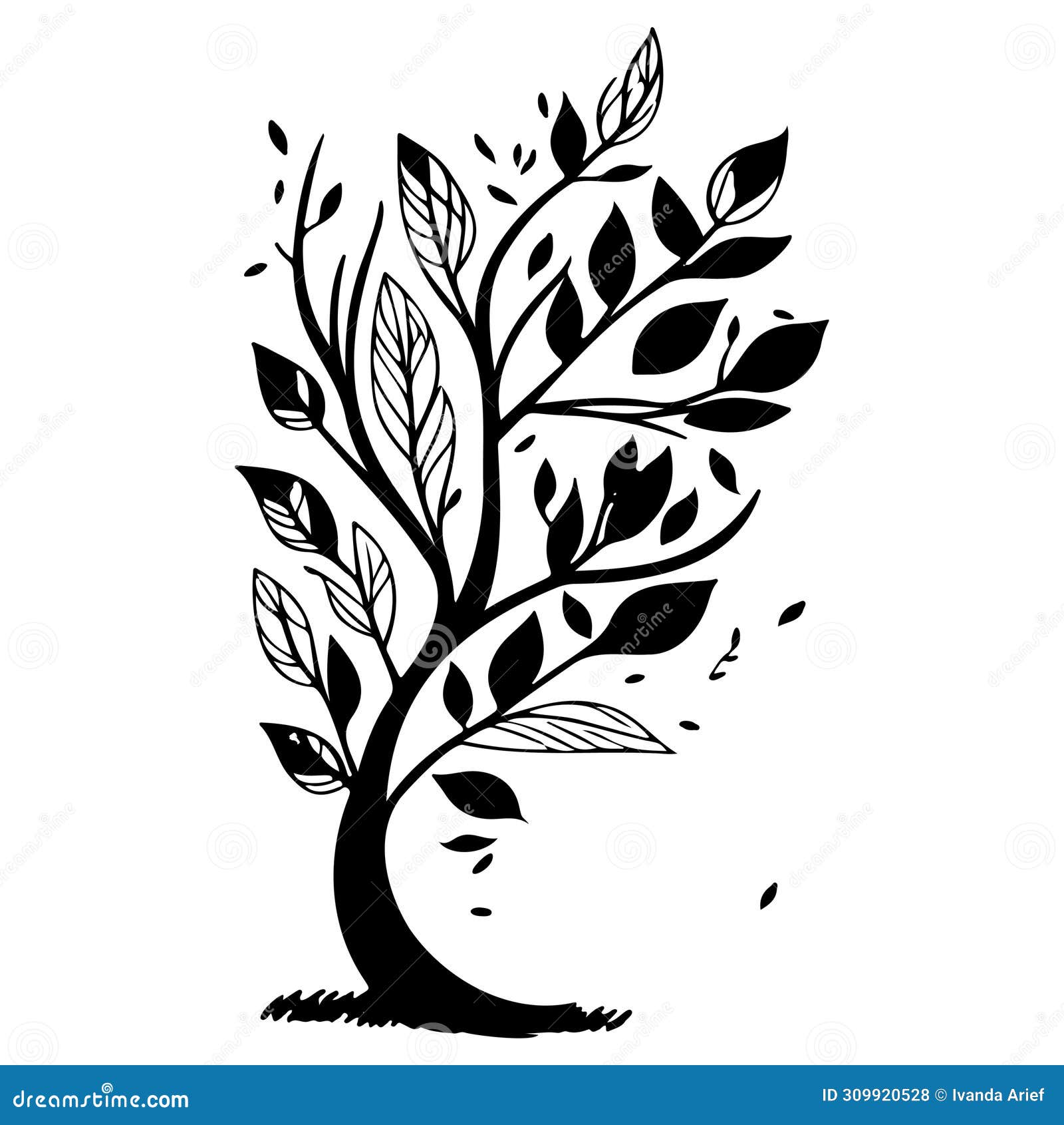 Tree Half Spring Autumn Floral Illustration Sketch Hand Draw Stock ...