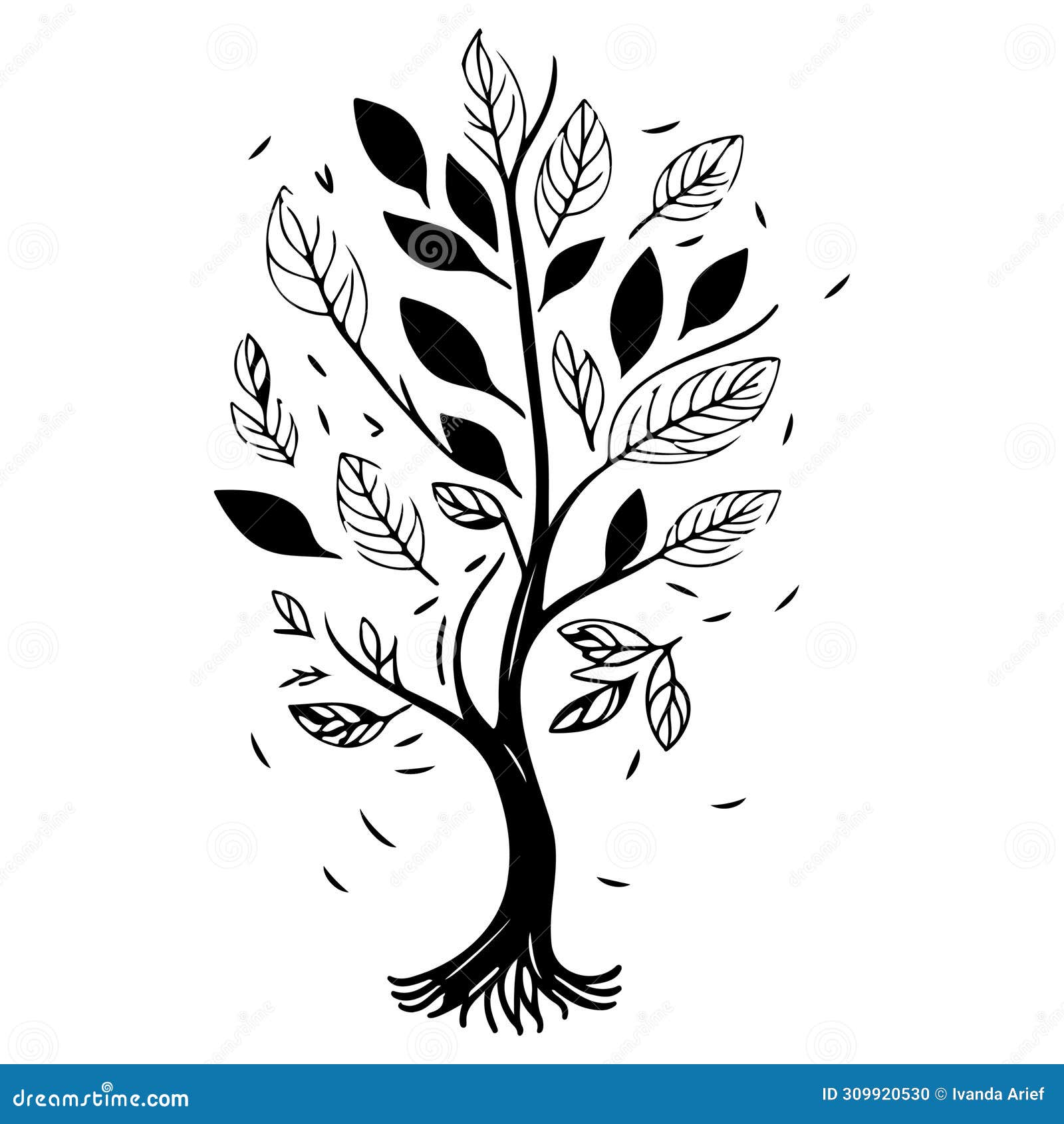 Tree Half Spring Autumn Floral Illustration Sketch Hand Draw Stock ...