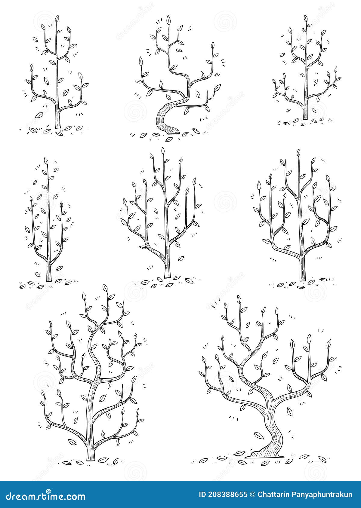 Hand Drawn Side View Tree Vector Set. Stock Vector - Illustration of ...