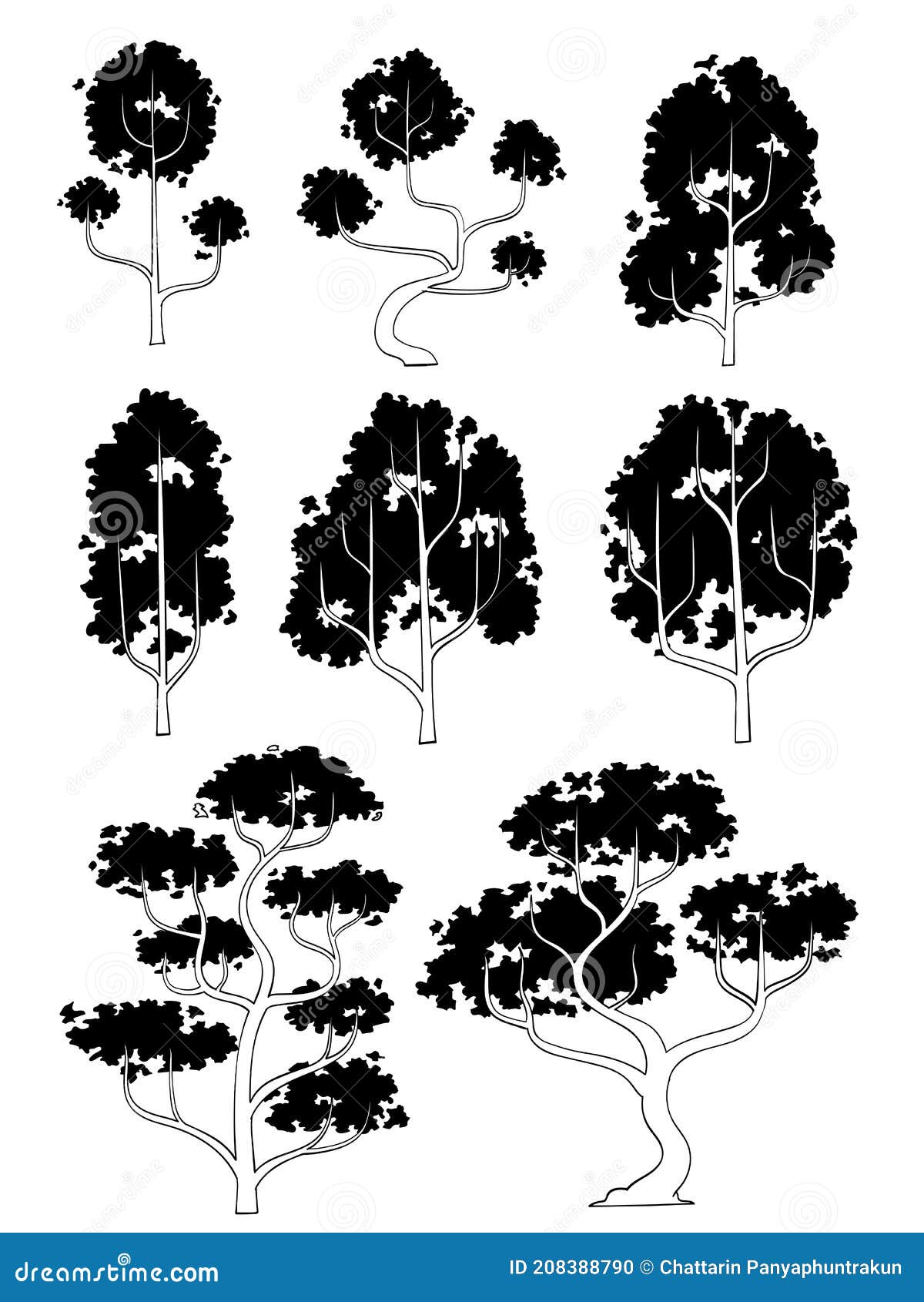 Hand Drawn Side View Tree Vector Set Stock Vector - Illustration of ...