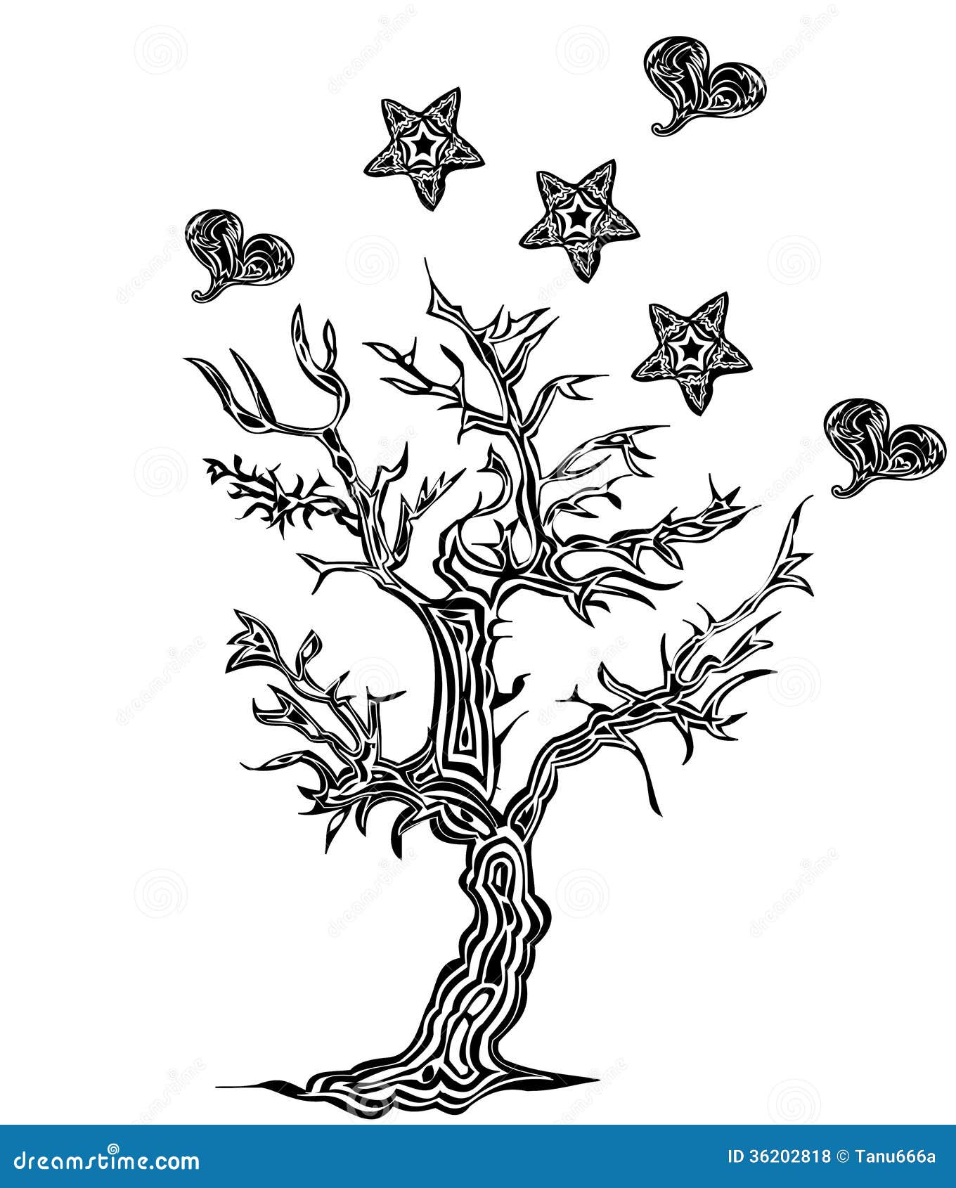 Tree with Hearts and Stars in Tattoo Style Stock Illustration ...