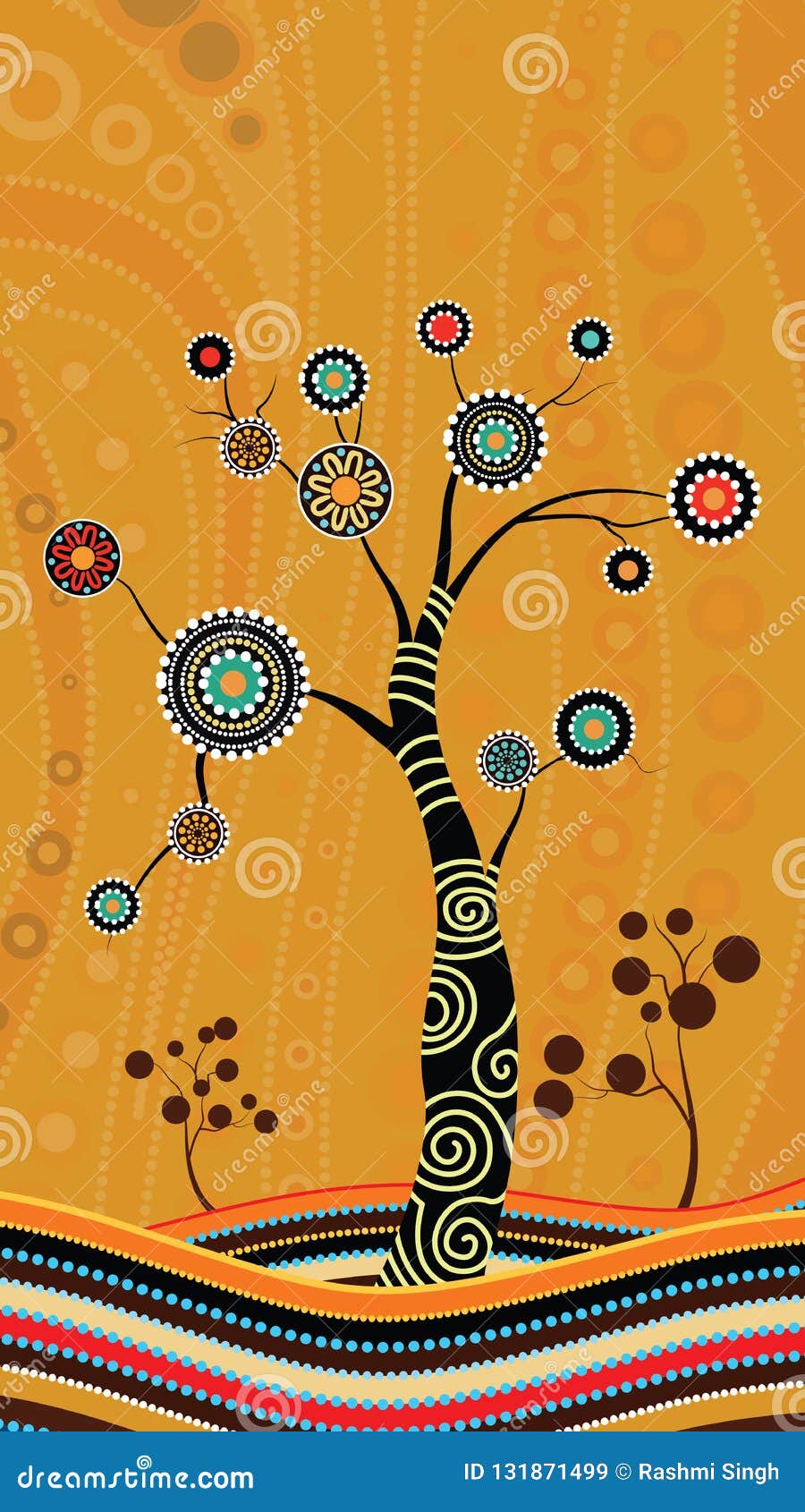 Tree On The Hill, Aboriginal Tree, Aboriginal Art Vector Painting With ...