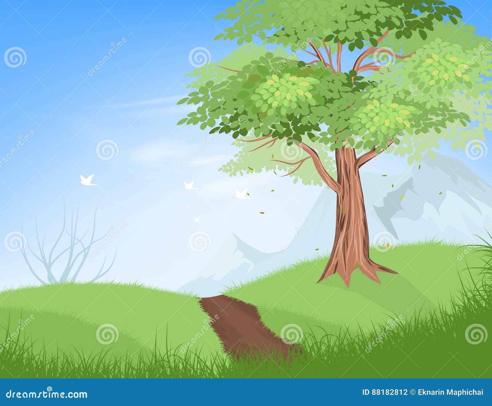 Tree on hill scene vector stock vector. Illustration of green - 88182812