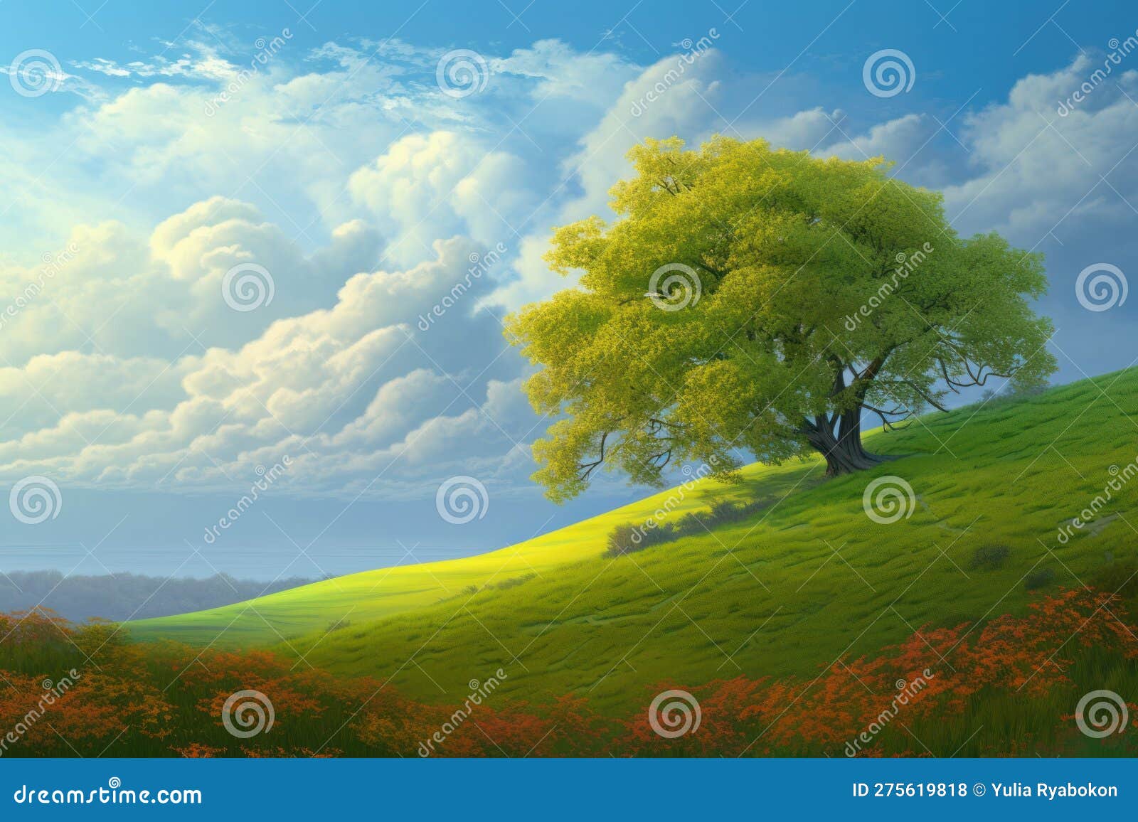 Tree hill sky. Generate Ai stock illustration. Illustration of natural ...