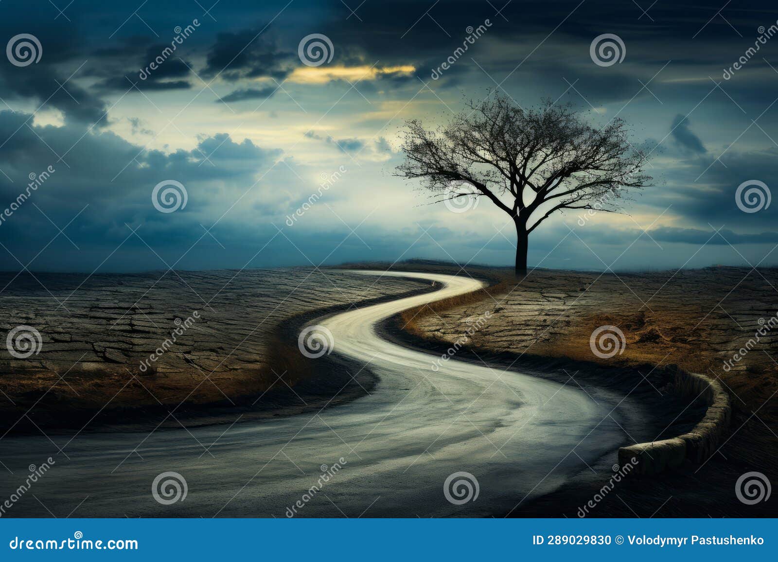 Tree on Hill with Winding Road in the Foreground. Generative AI Stock ...