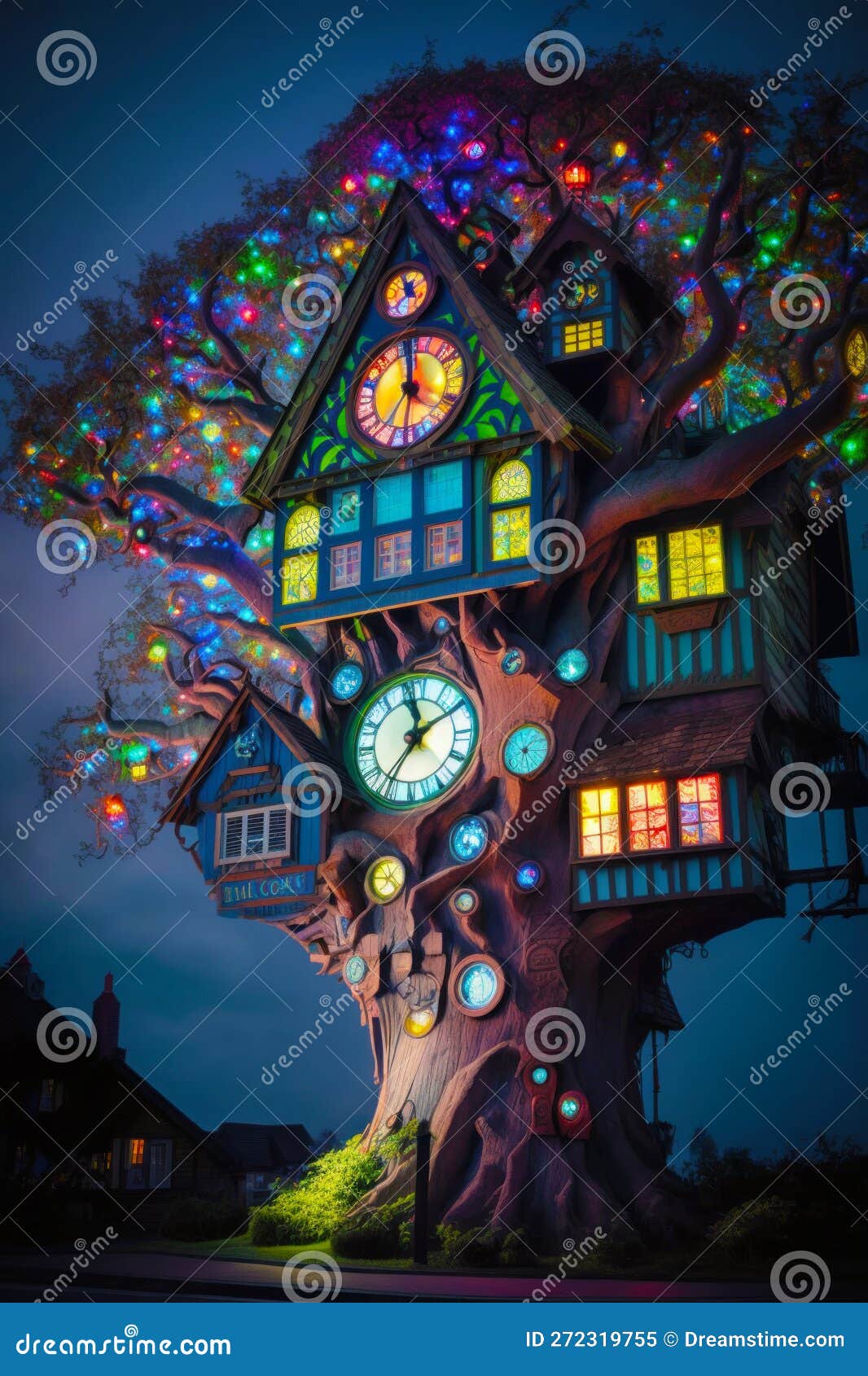Tree House with Clock Built into the Side of it with Lights on it ...