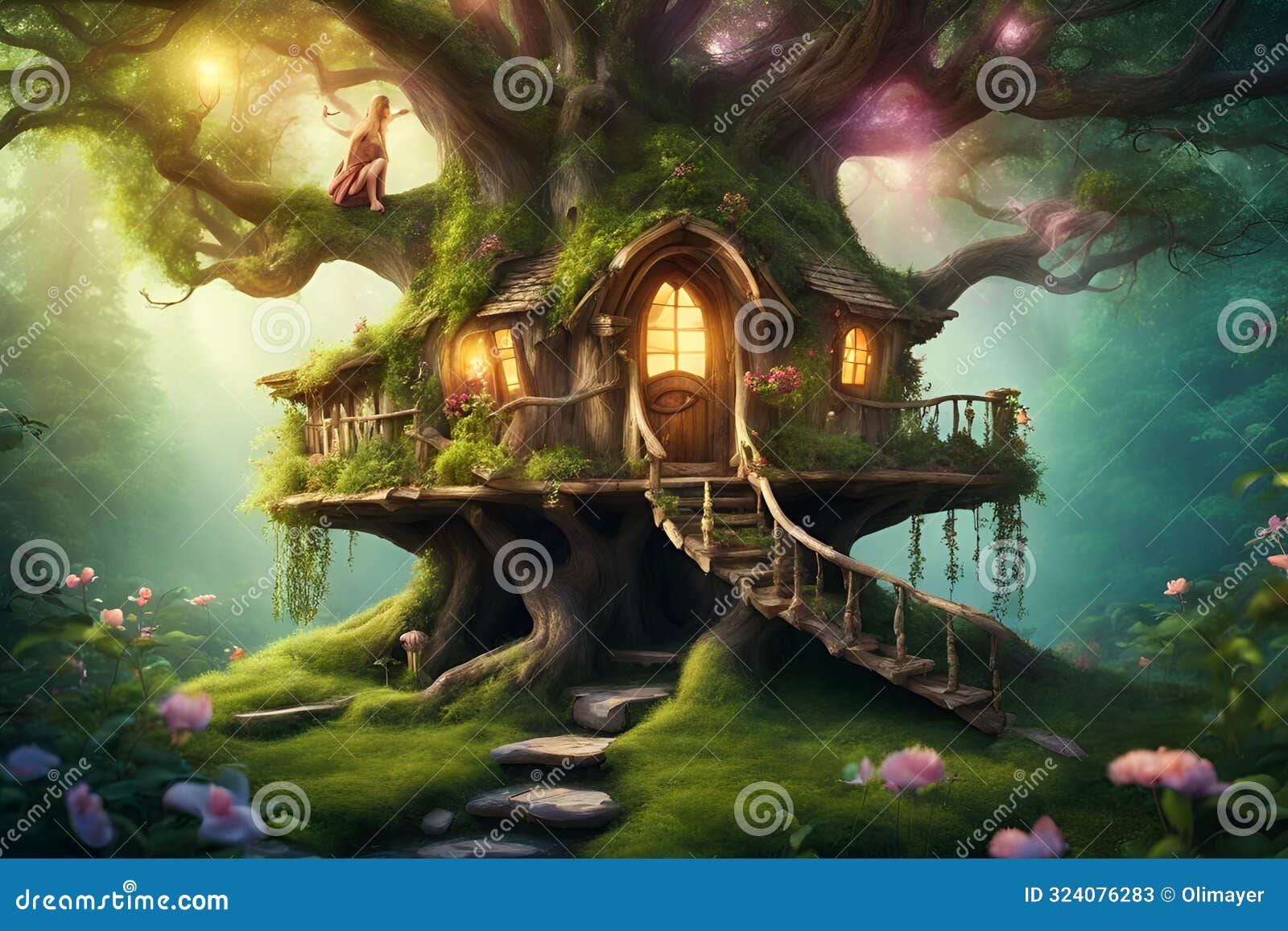 Fantasy Tree House in Deep Forest. Stock Illustration - Illustration of ...