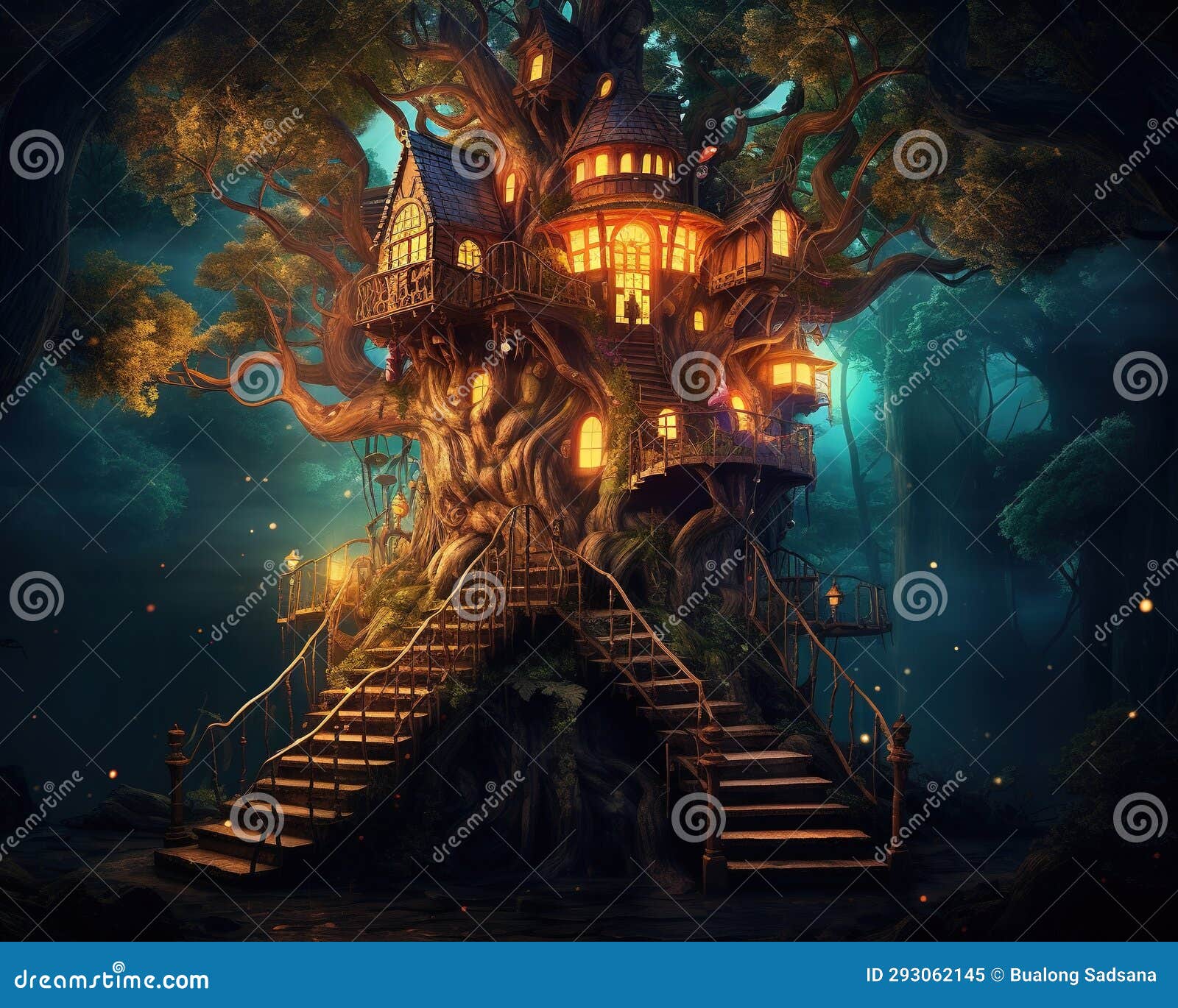 Tree House in a Forest with Glowing Windows. Stock Illustration ...