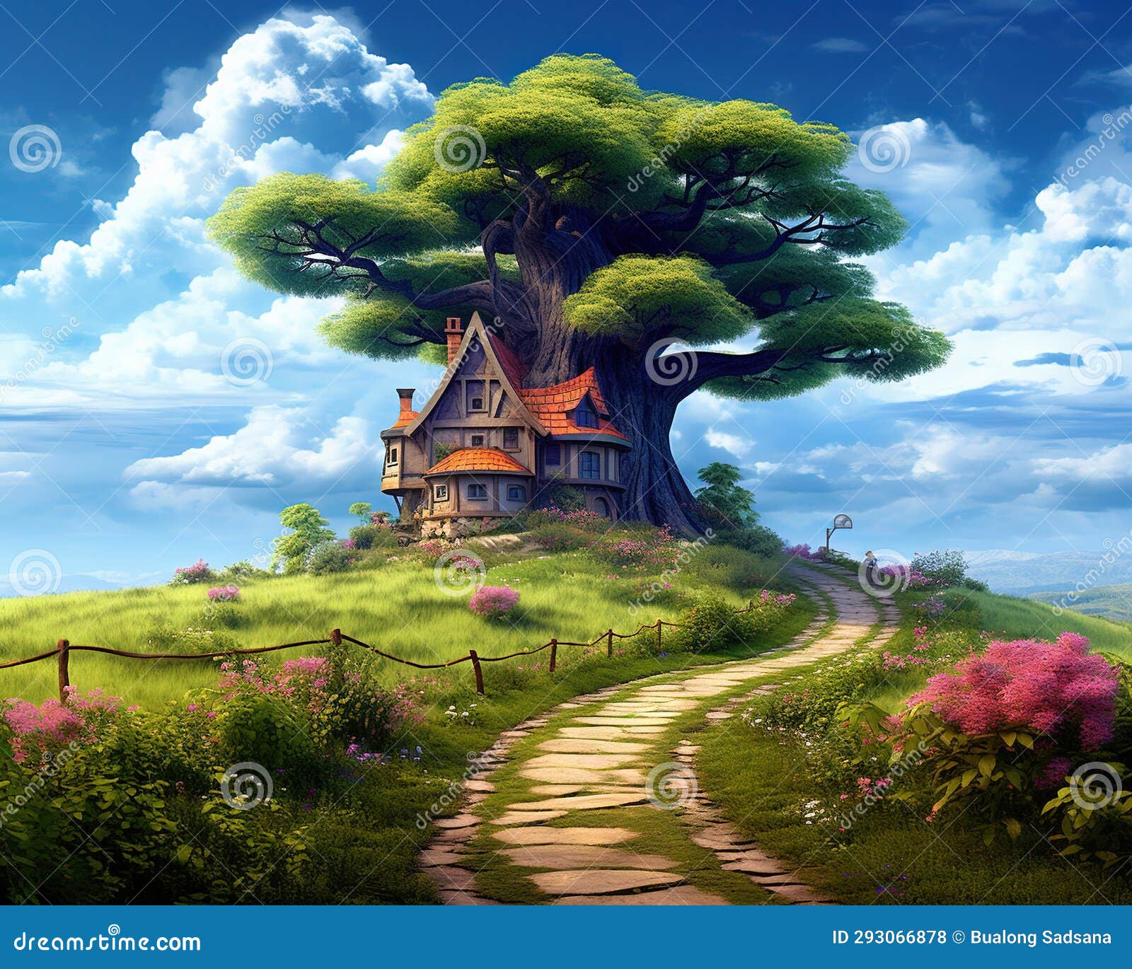 Tree and a House with Gardens and a Path. Stock Illustration ...