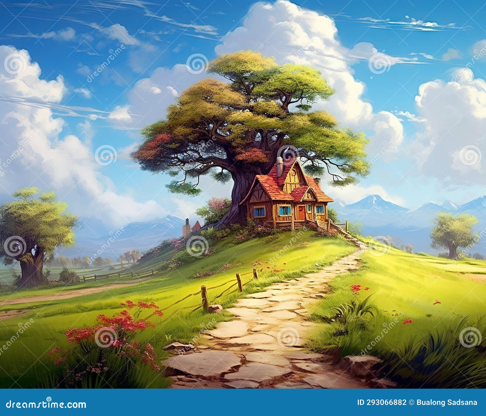Tree and a House with Gardens and a Path. Stock Illustration ...