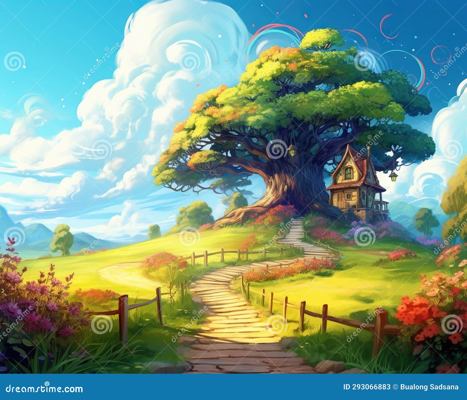 Tree and a House with Gardens and a Path. Stock Illustration ...