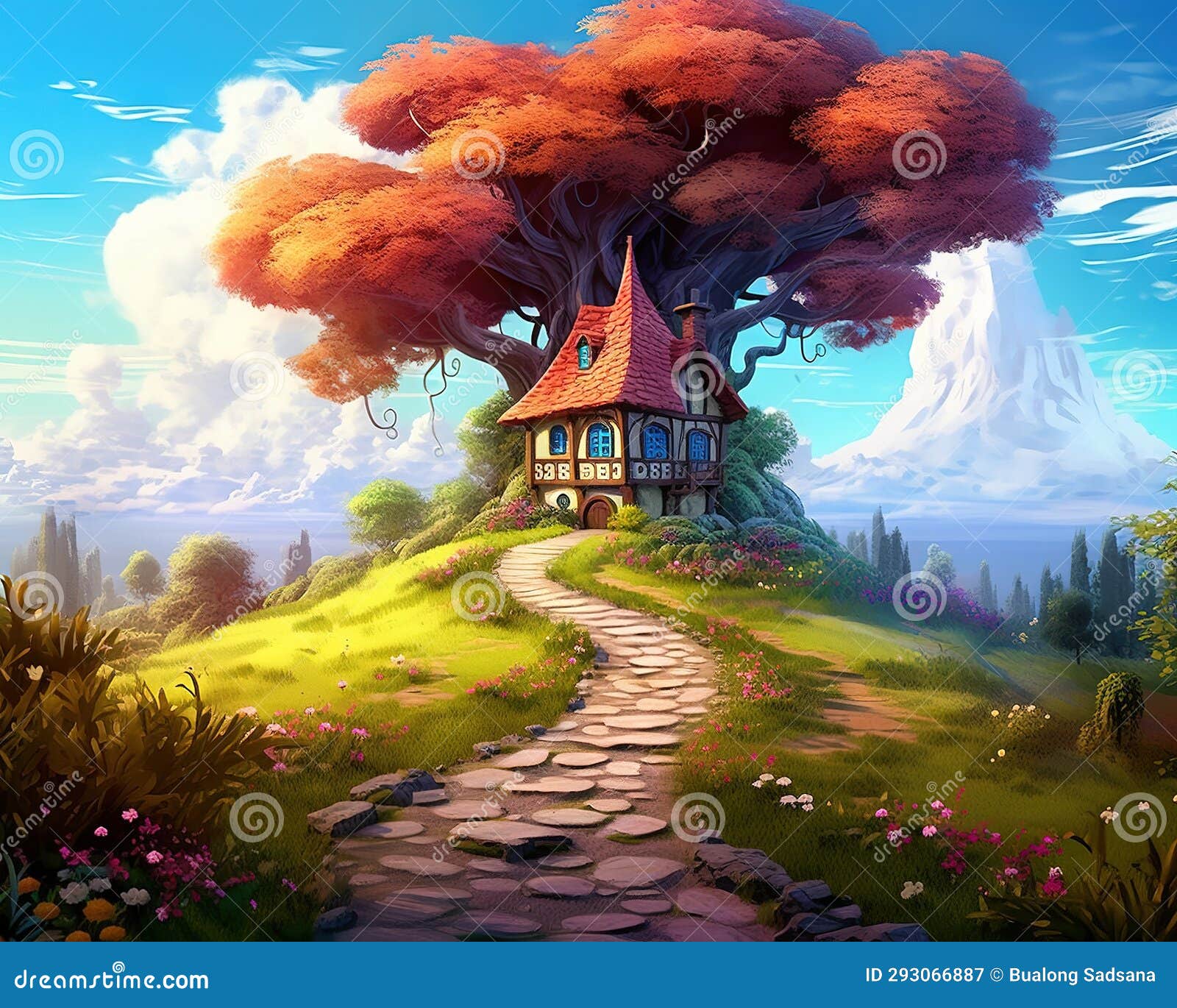 Tree and a House with Gardens and a Path. Stock Illustration ...