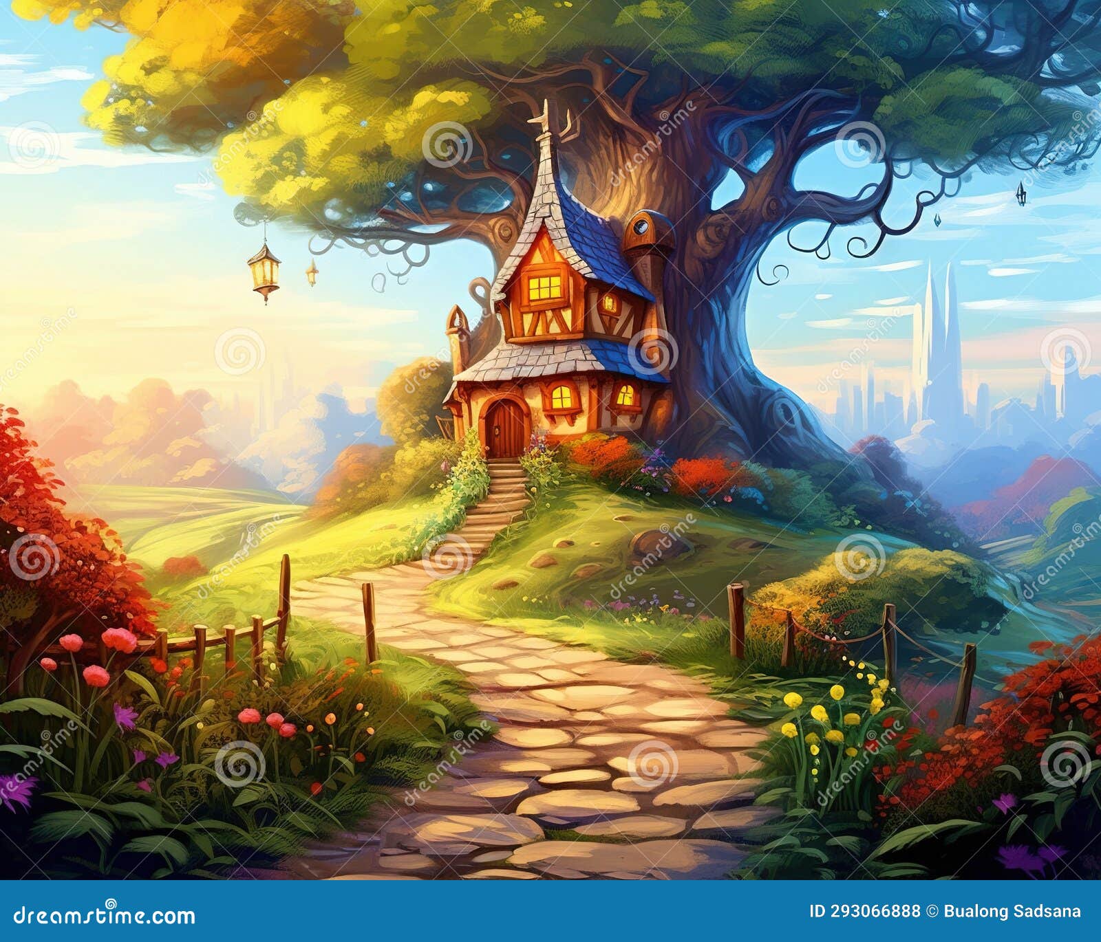 Tree and a House with Gardens and a Path. Stock Illustration ...