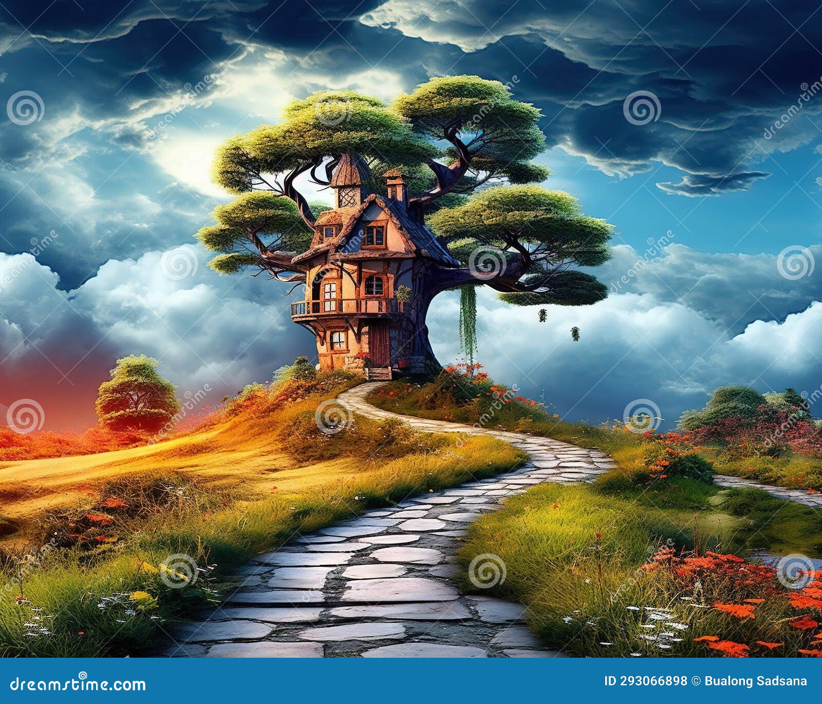 Tree and a House with Gardens and a Path. Stock Illustration ...