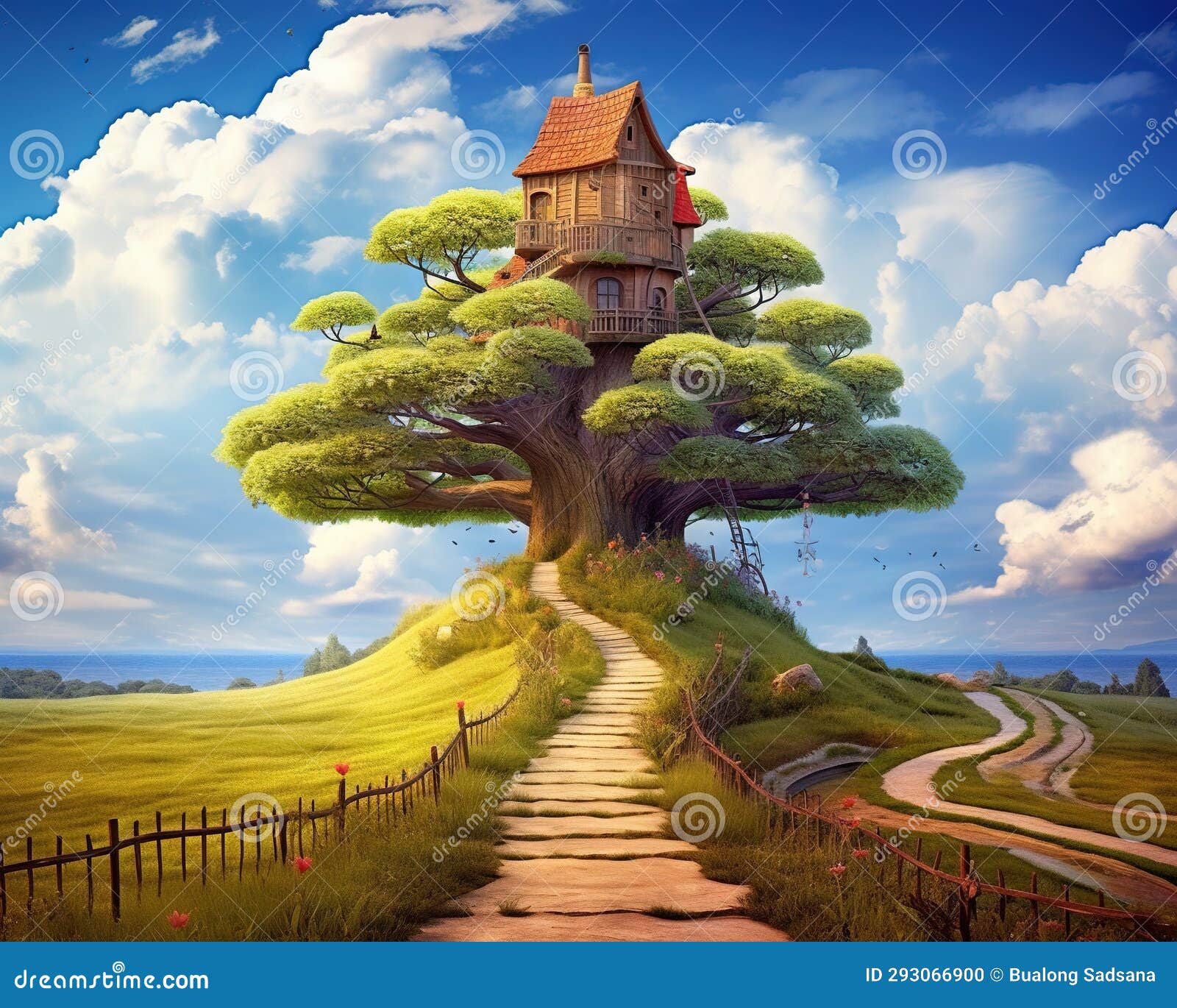 Tree and a House with Gardens and a Path. Stock Illustration ...