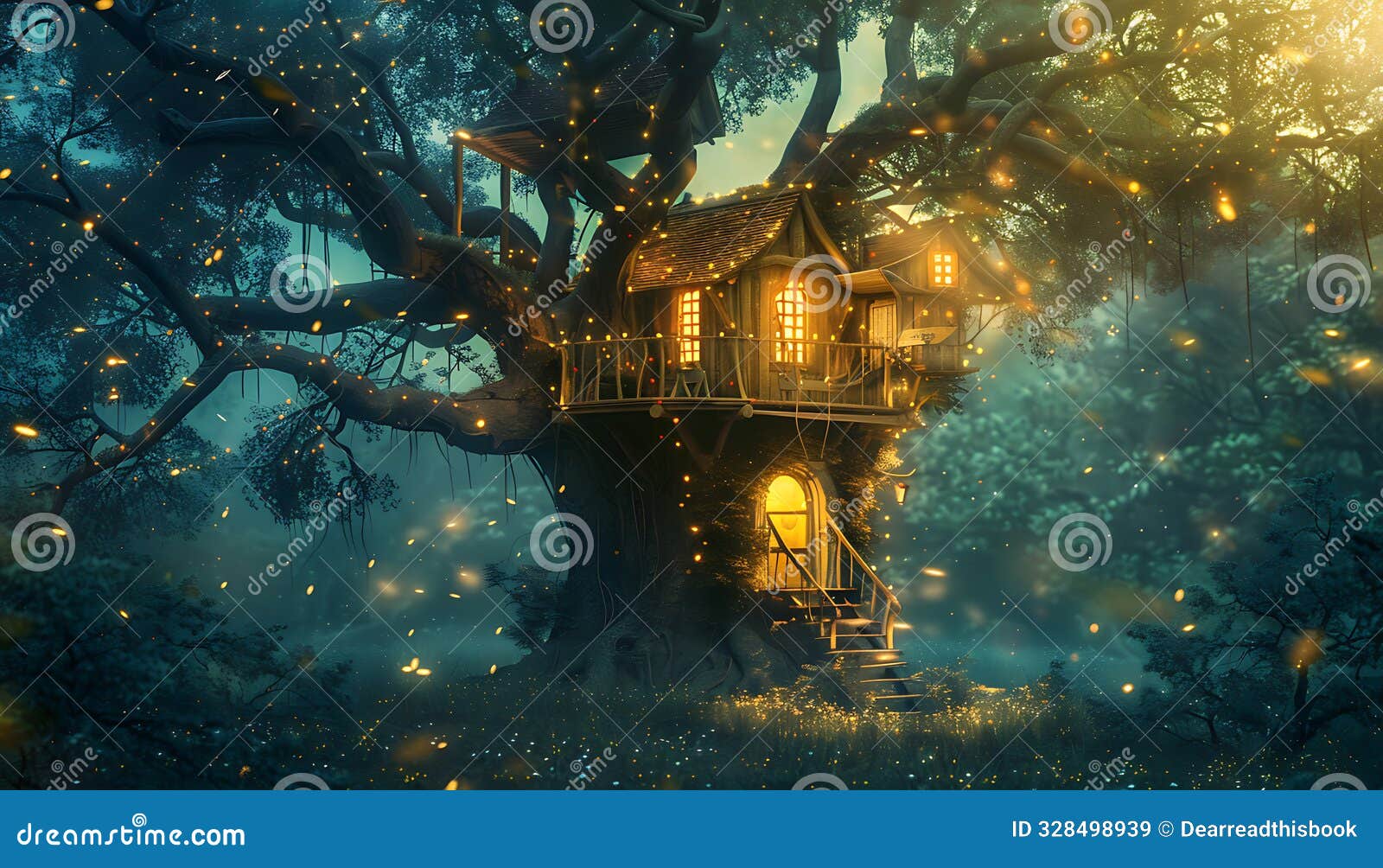 A Tree House with a Light on it Stock Illustration - Illustration of ...
