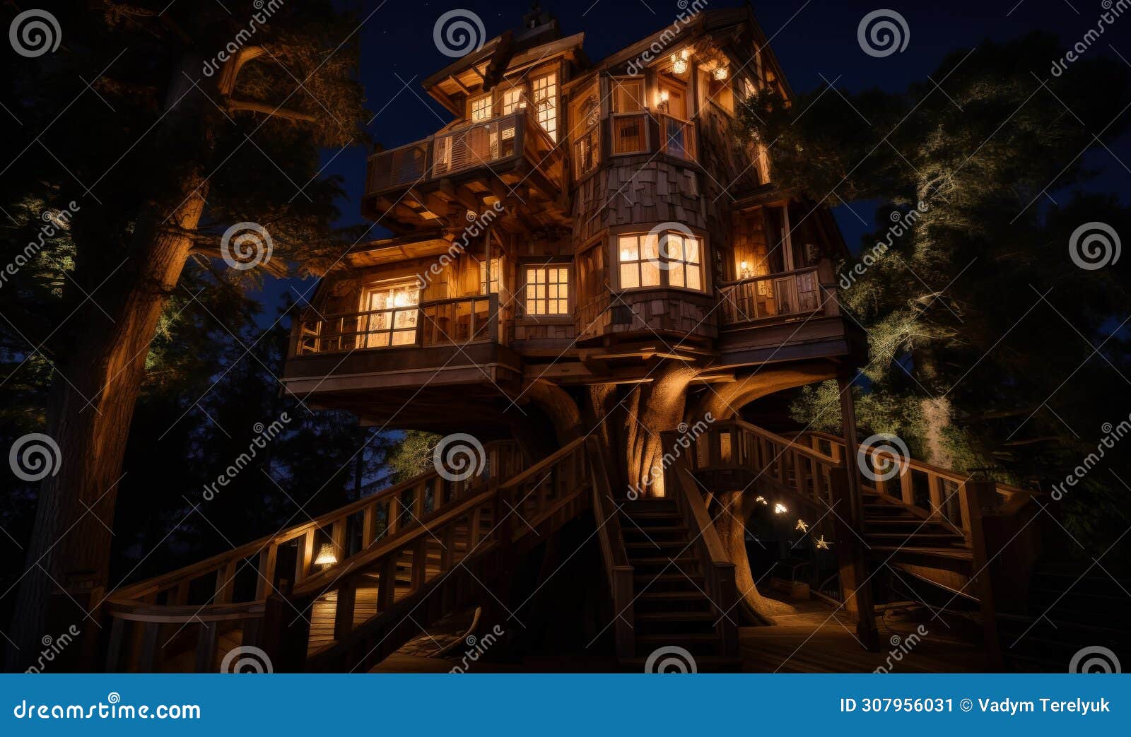 Tree House with Lights. Treehouse Lit Up at Night Stock Image - Image ...