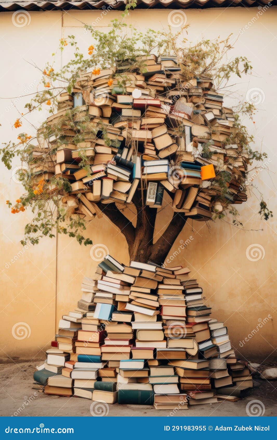 A Tree with a House Made of Books Stock Illustration - Illustration of ...