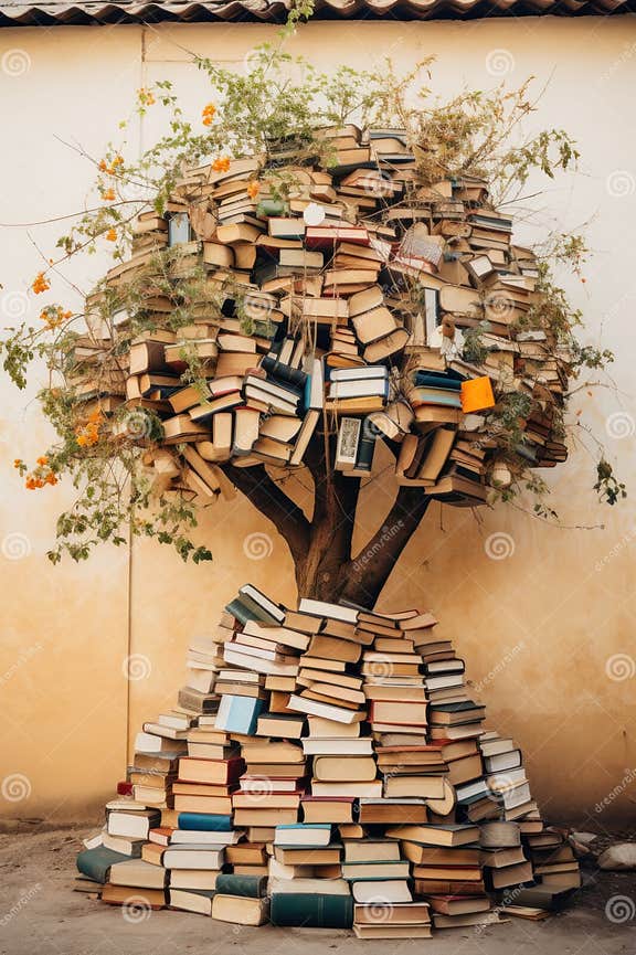 A Tree with a House Made of Books Stock Illustration - Illustration of ...