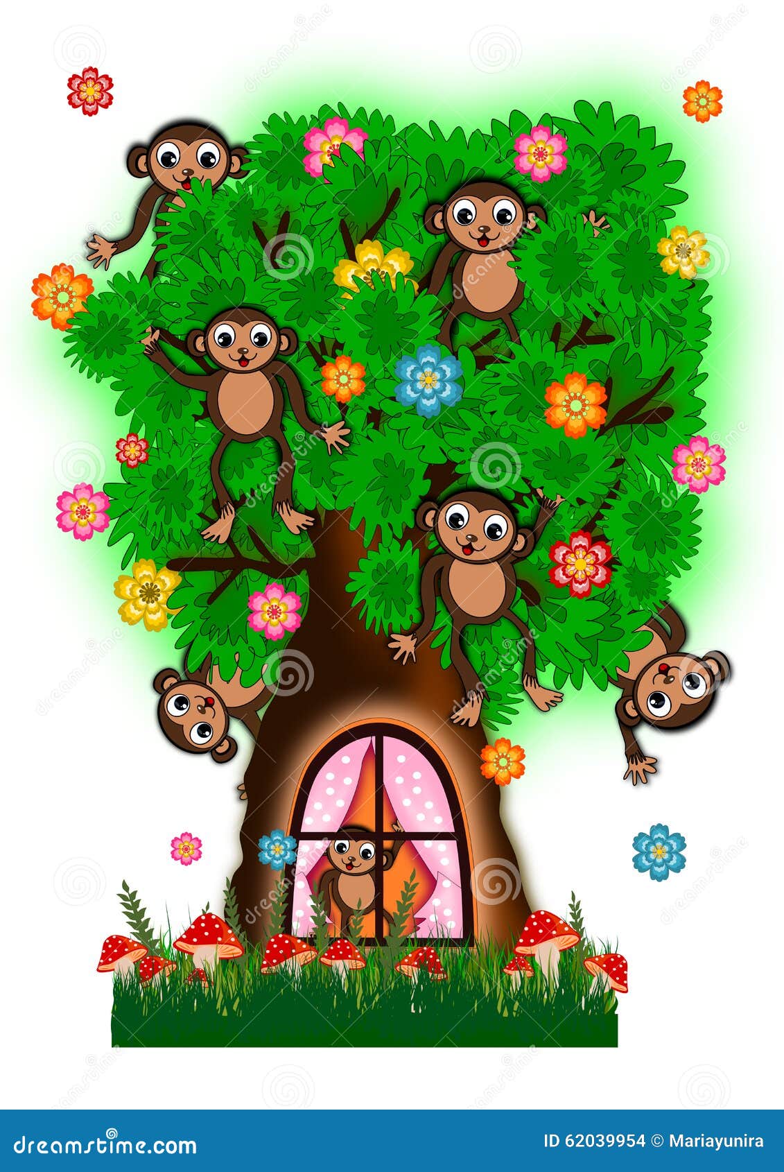 Tree house and monkey stock illustration. Illustration of green - 62039954