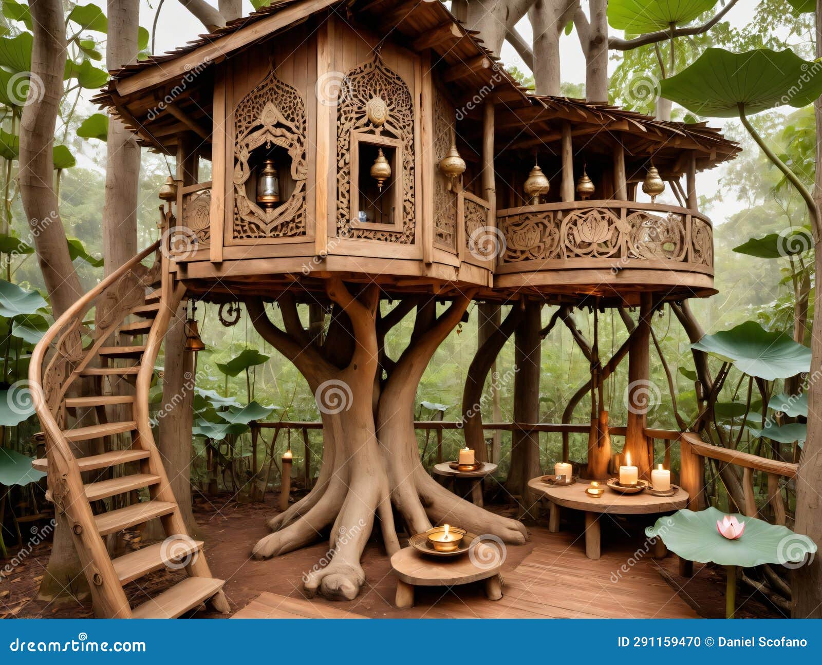 A Tree House with a Spiral Staircase. Generative AI Иллюстрация штока ...