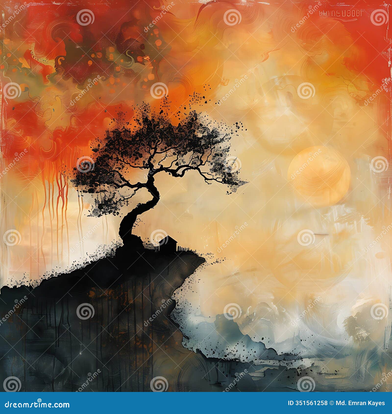 Tree and House on Watercolor Splashes Background, Abstract Art ...